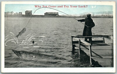 EXAGGERATED FISHING ANTIQUE POSTCARD WHY NOT TRY YOUR LUCK? | eBay