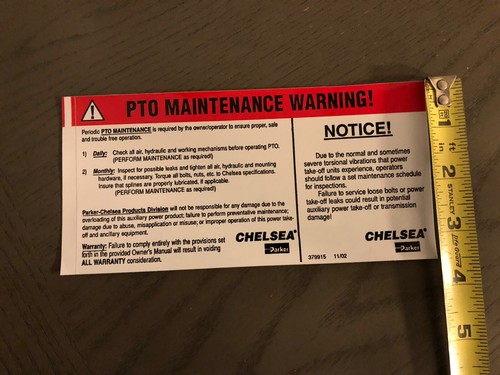 PTO maintenance warning decal. Chelsea / parker. 3 1/2 X 7 in. New | eBay