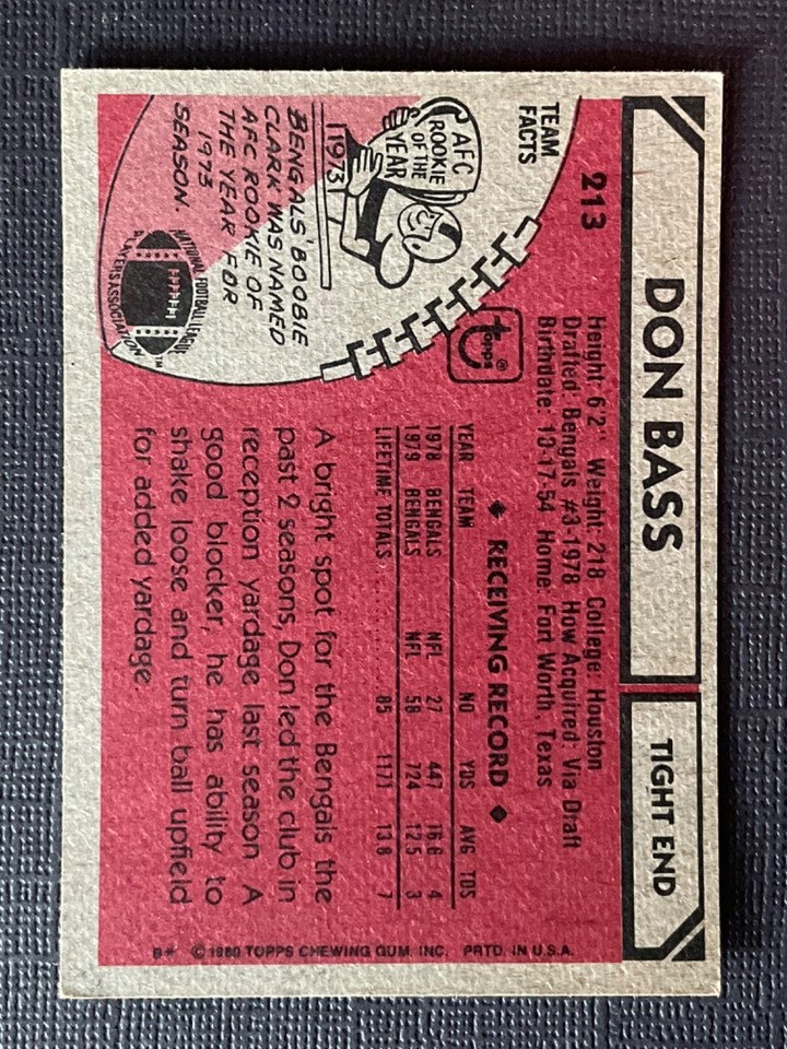 Don Bass 1980 Topps Football Card #213 - Cincinnati Bengals NM | eBay