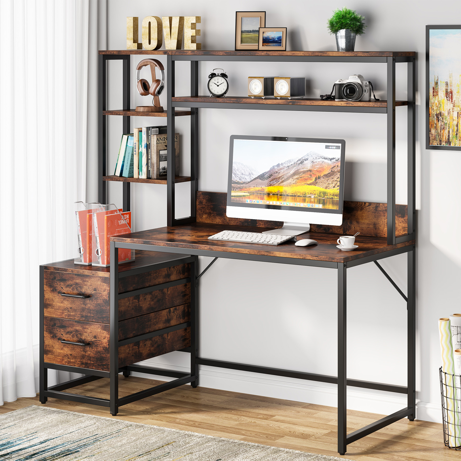 Rustic Computer Desk w/ Drawers Storage Shelves, Study Writing Table ...