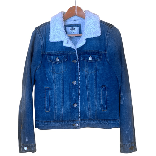 1 Sunset Lane Sherpa Lined Sun-faded Distressed Denim Jean Jacket Sz S ...