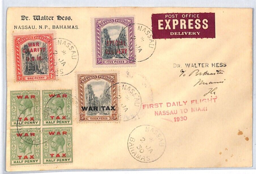 BAHAMAS WAR TAX/CHARITY Air Mail Cover Nassau FIRST FLIGHT USA 1930 ...
