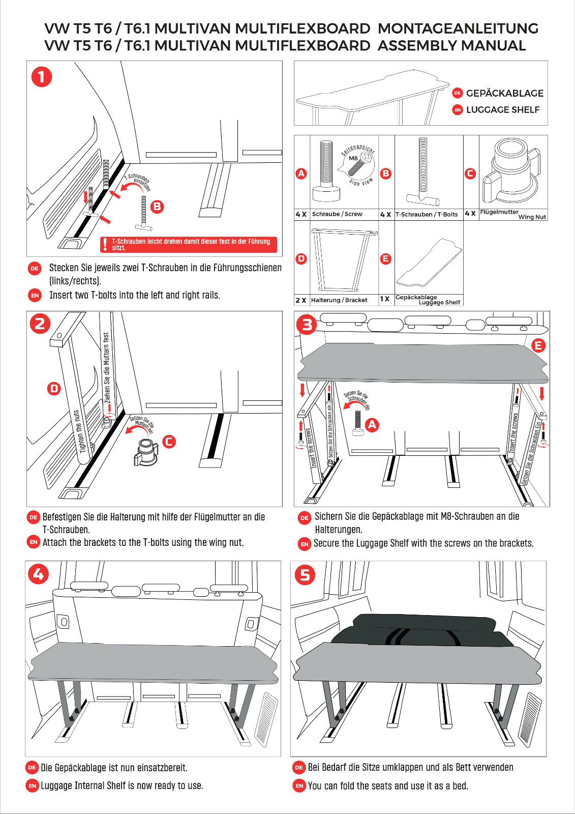 Multiflexboard für VW T5 T6 T6.1 Multivan Bettverlängerung Ablage 2003-2022