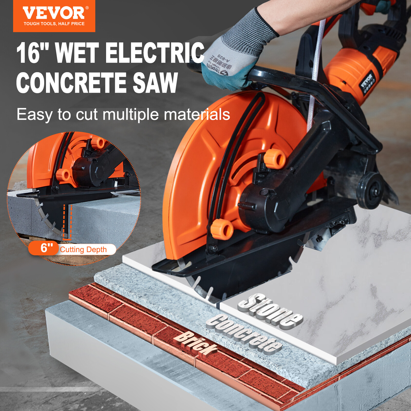 VEVOR 16'' Electric Concrete Saw Wet/Dry Saw Cutter with Water Pump and ...