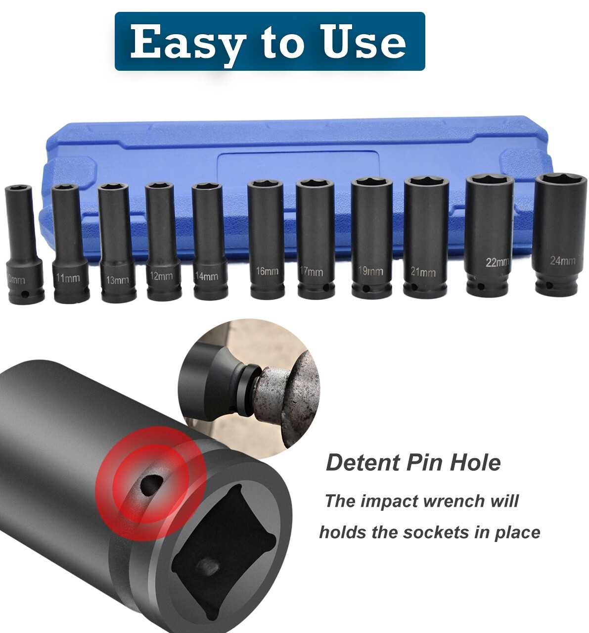 11pcs Deep Impact Socket Set 1/2" 6Pt Drive Metric Axle Hub Nut Sockets ...