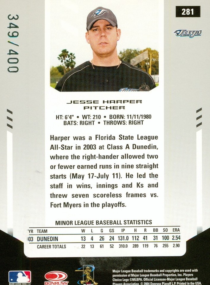 2004 Leaf Certified Materials SP Jesse Harper 281 Blue Jays 349/400 | eBay
