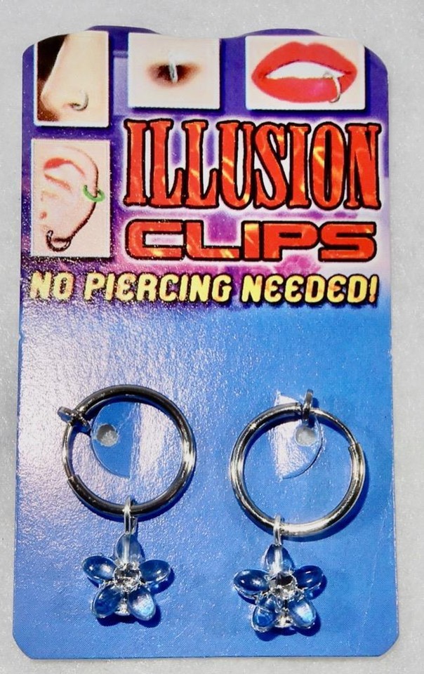 Silver Pair 14mm Blue Flower Non-Piercing Fake Illusion Clip-On Hoop ...