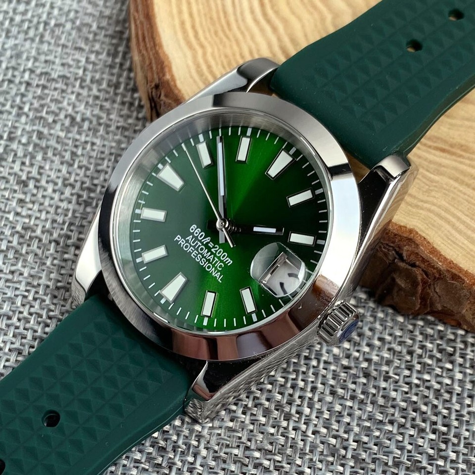 20ATM Diving 36MM Japan NH35 Sunburst Green Dial Lume Mark Automatic ...