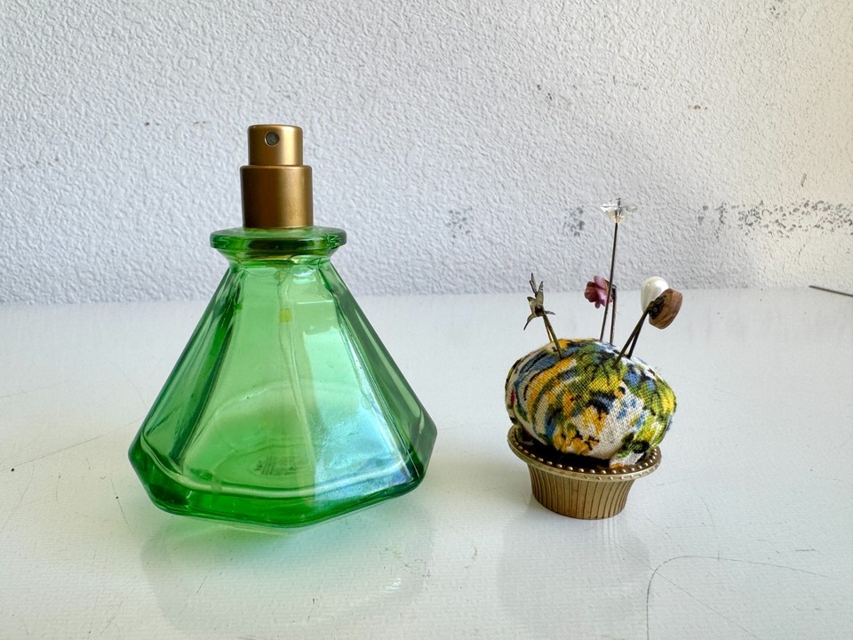 Green Glass Perfume Bottle Pin Cushion – Happ & Stahns 1842 Rosa Alba ...