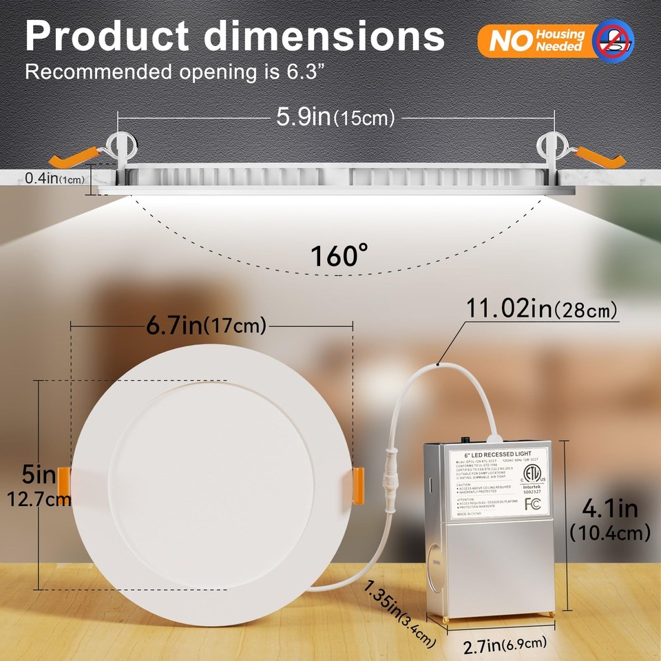 24 Pack 6 Inch 5CCT Ultra-Thin LED Recessed Ceiling Light with Junction ...
