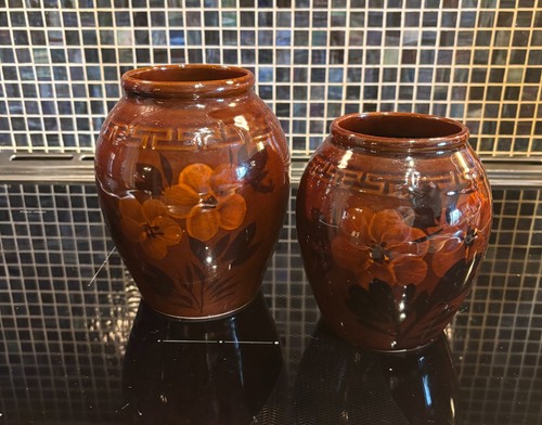 Two Redware Vases, Possibly Unmarked Weller Greek Key and Flower Motiff ...