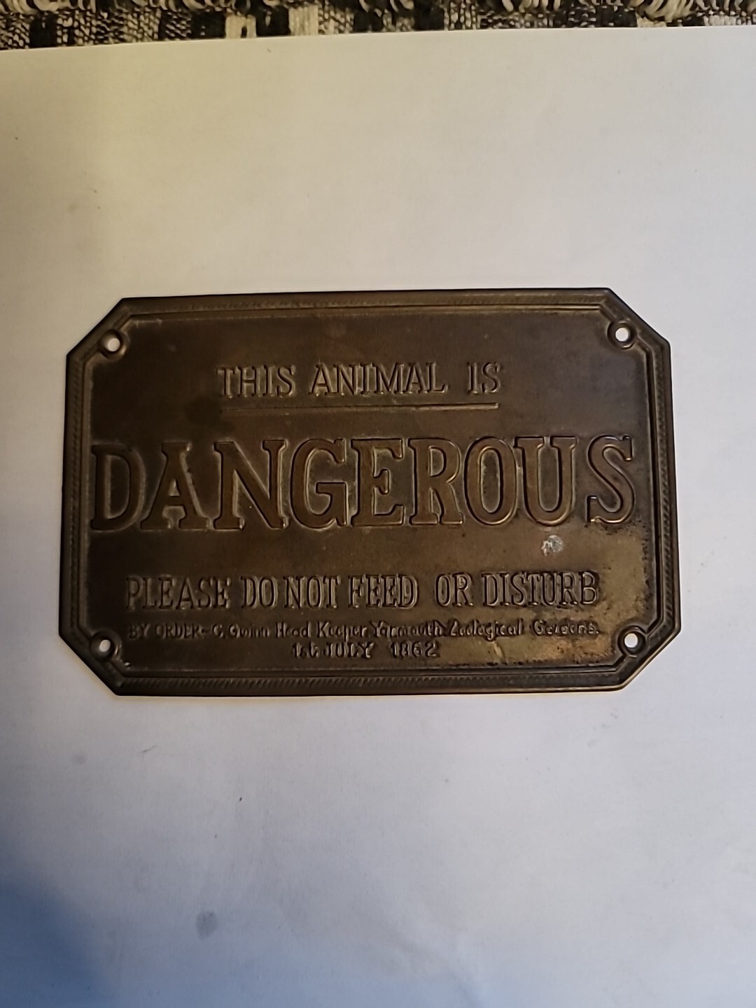 Vintage 1862 Brss "This Animal Is Dangerous" Plaque | eBay