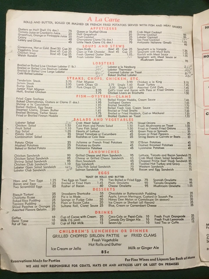 1941~1943 Boston Menu Vintage Pieroni’s Sea Grills And Restaurants VERY ...