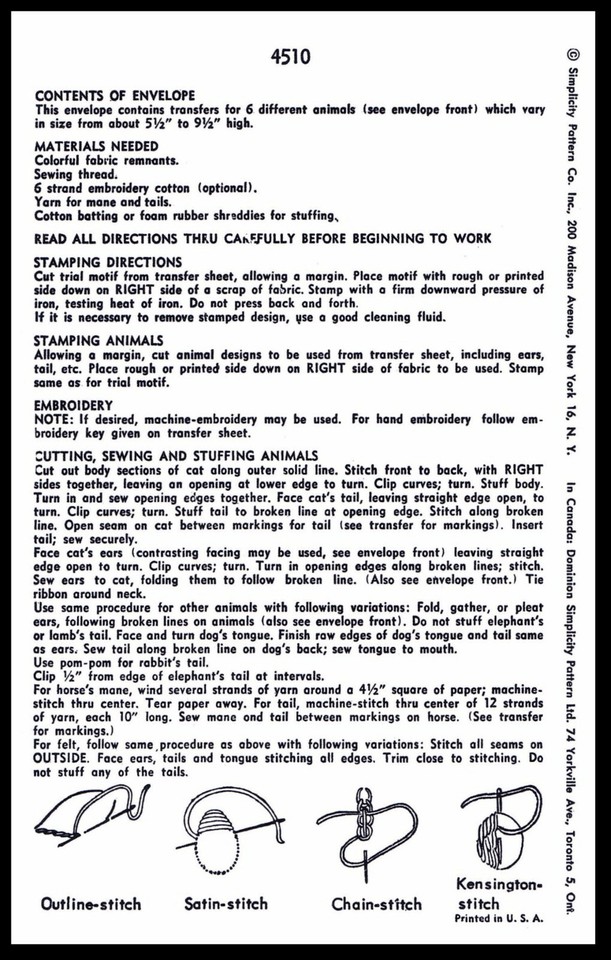 Simplicity 4510 Fabric Sewing Pattern 6 Stuffed Animals Bunny Cat Dog ...