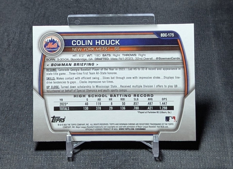 Colin Houck 1st Chrome Prospect Rookie 2023 Bowman Draft Card #BDC-175 ...