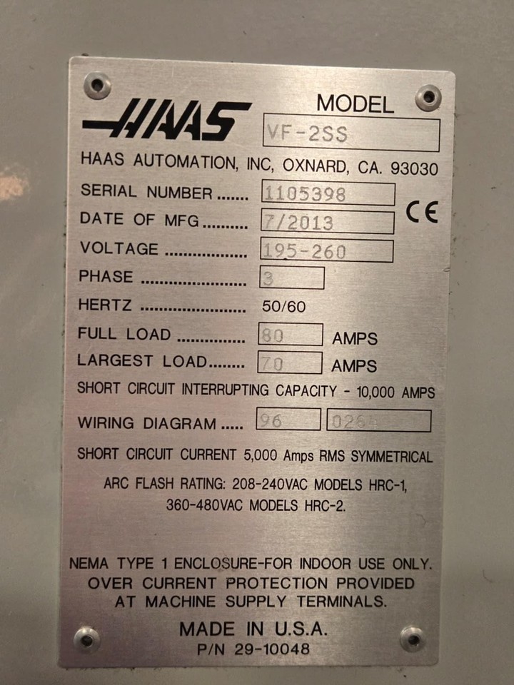 HAAS VF-2SS CNC Vertical Machining Center Mill Super-Speed Side Mount ...