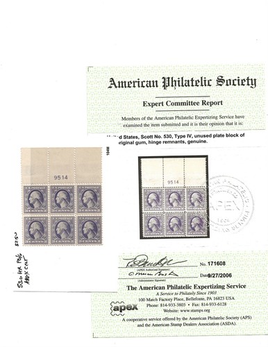 U S Stamps Scott 530 three cent plate block APEX certificate cv 32.50 ...