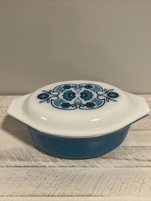 VINTAGE PYREX BLUE HORIZON 1 1/2 QT OVAL CASSEROLE DISH WITH LID #043 ...