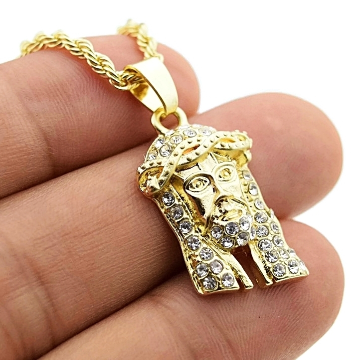 Micro Jesus Head Iced Simulated CZ Pendant Chain Gold Plated 24" Rope ...