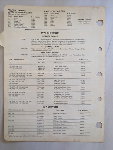 Rinshed Mason 1979 CHEVROLET & CORVETTE Auto Paint Chip Color Chart | eBay