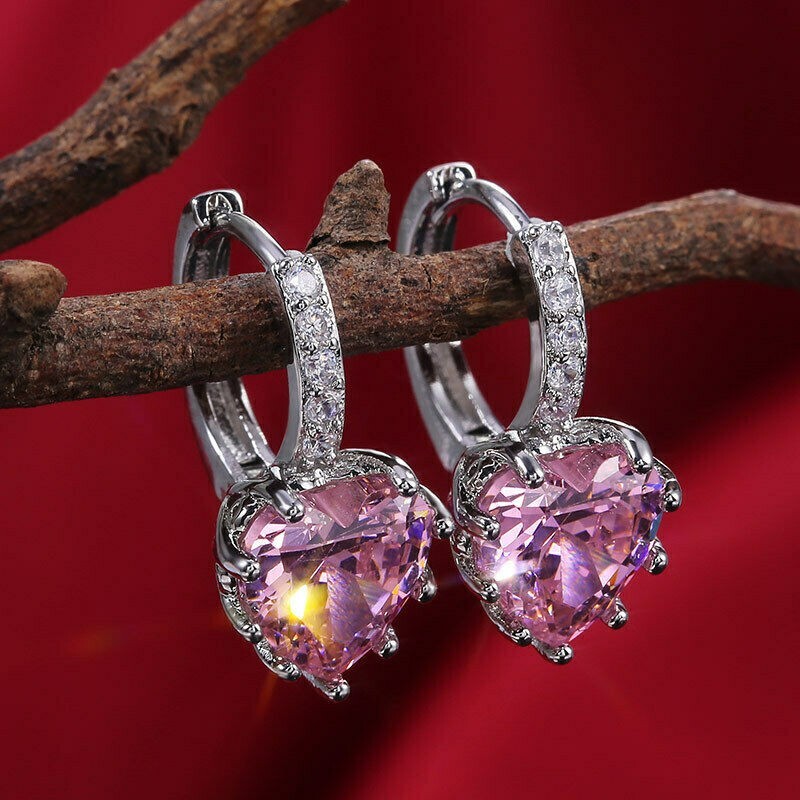 Pretty New Silver 10mm Pink Ice Heart CZ w/ Crystal Accents Hoop Dangle ...