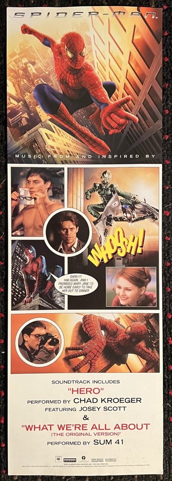Marvel SPIDER-MAN soundtrack 8x24 record store promo poster 2002 Tobey ...