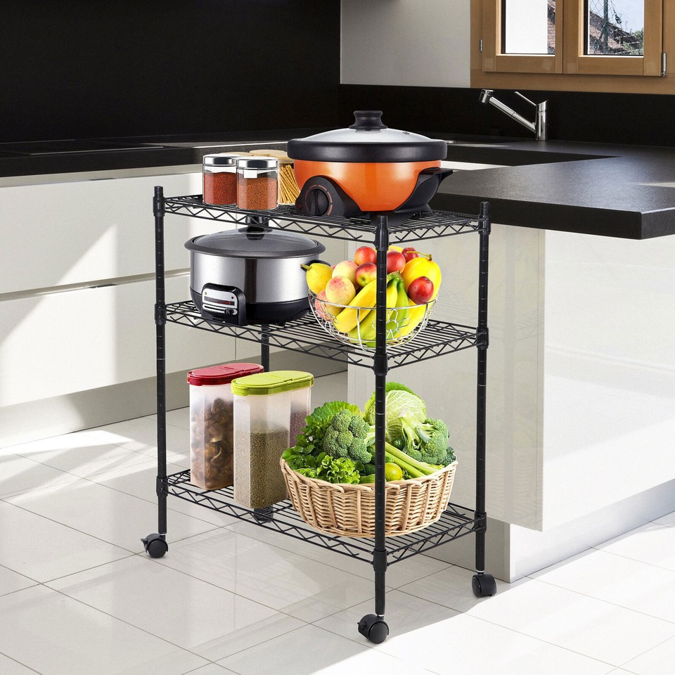 3 Tires Wire Rack Unit Shelving Rolling Kitchen Cart Adjustable Storage ...