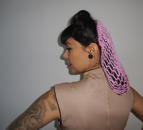 Filet cheveux snood inspi pinup retro vintage crochet rose pale ...