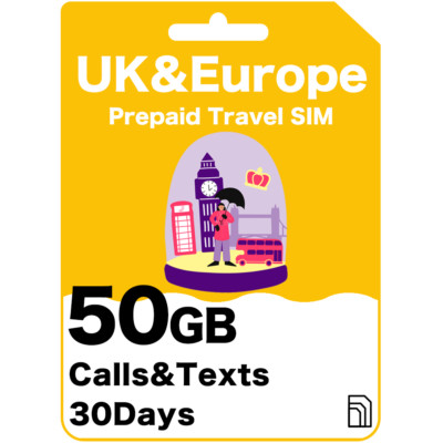 UK Prepaid Travel SIM Card 50GB UK Data 12GB EU Data, Unlimited Talk ...