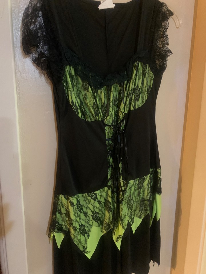 Women's LARGE Goth Green and Black Witch Costume + (new) Hat w/ Green ...