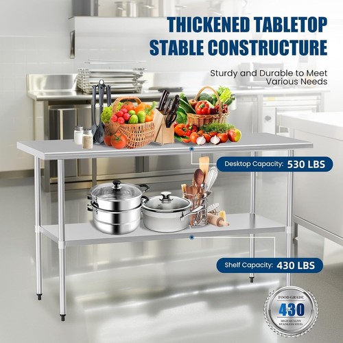 Stainless Steel Table 30 x 60 Inches Metal Prep Table with Adjustable ...