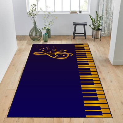 Dark Blue Rug, Musical Note Piano Treble Clef Printed Rug, Rectangle ...