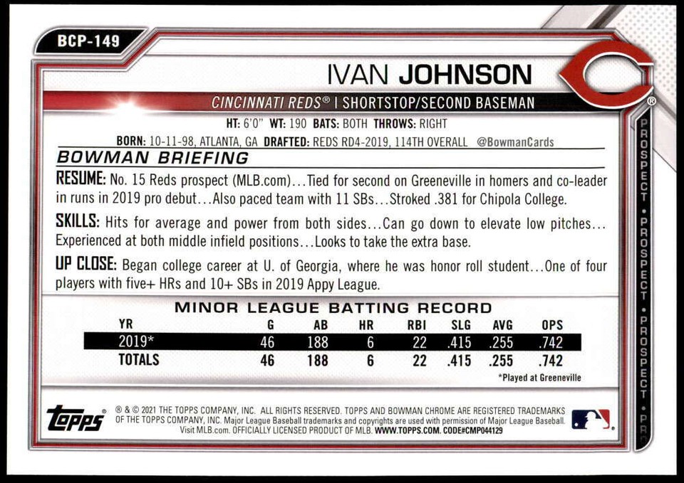 Ivan Johnson 2021 Bowman 5x7 Prospects #BP-149 23/49 Reds 1st Bowman ...