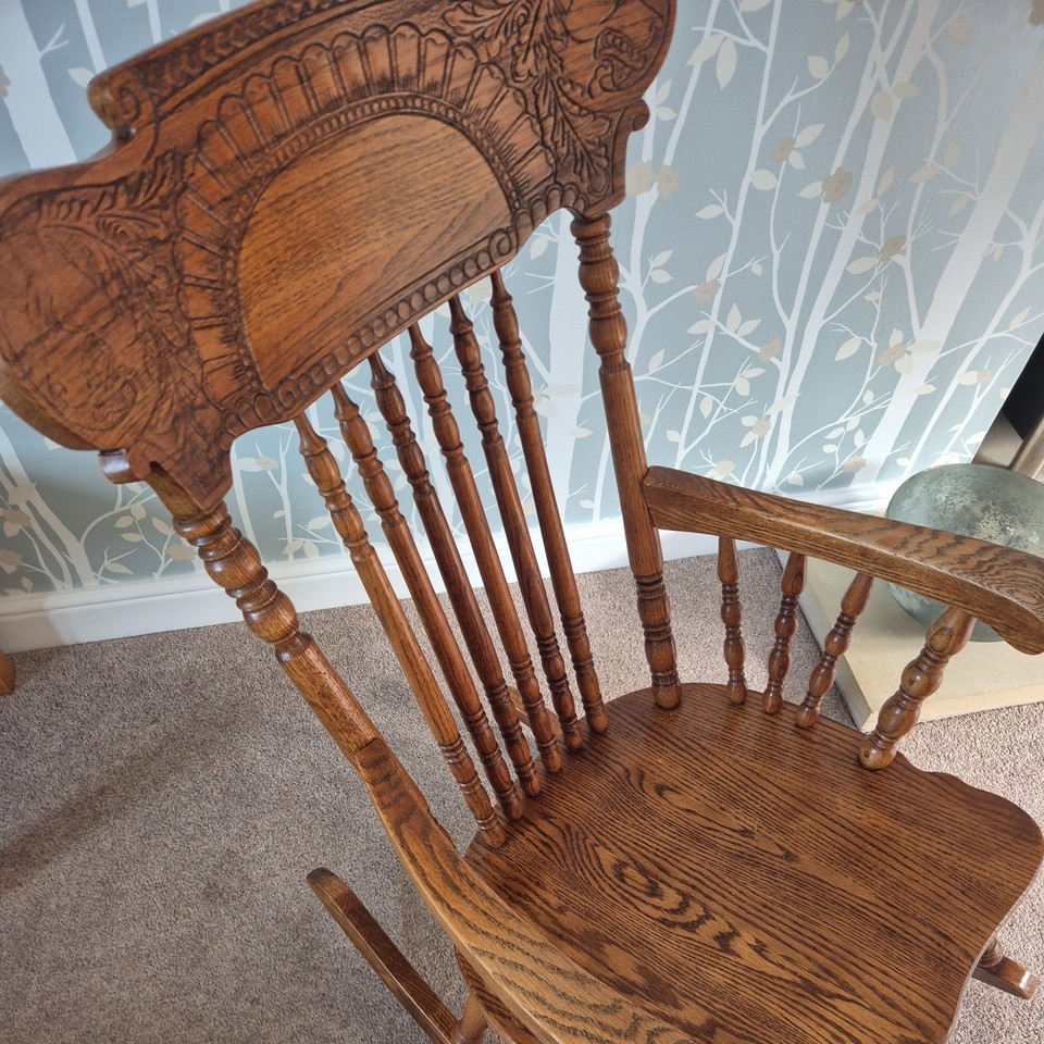 Antique Victorian Solid Wood Rocking Chair Carved Back Turned Spindles ...