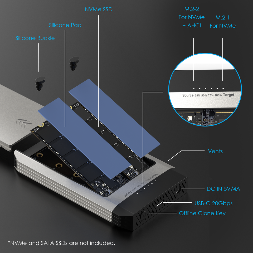 8TB M.2 SSD Dual-Bay Enclosure with Offline Clone NVMe and SATA/AHCI ...