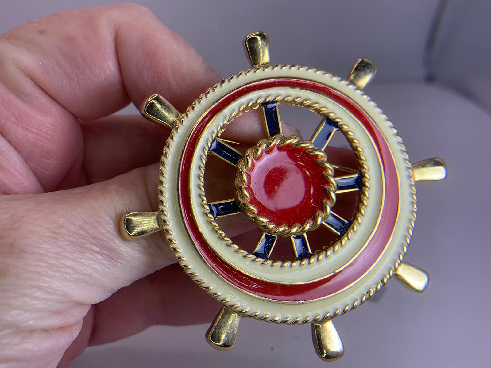 Steering Wheel Boat Red White Blue Enamel Vintage Gol… - Gem
