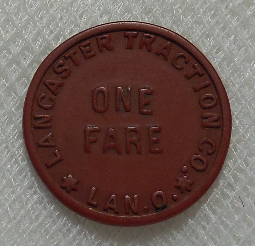 LANCASTER OHIO LANCASTER TRACTION CO. ONE FARE PICTORIAL TRANSIT TOKEN ...