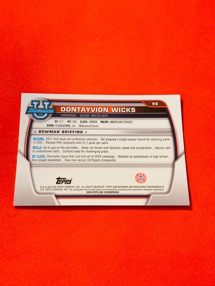 Dontayvion Wicks .. ROOKIE .. Virginia / Packers .. 2022 Bowman Chrome ...