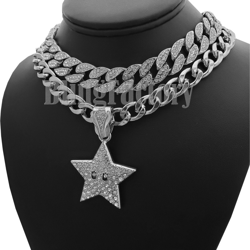 Iced Hip Hop Mario Star Pendant & 18" Full Iced Choker Cuban Bling ...