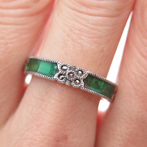 JUDITH JACK 925 Sterling Vintage Green Enamel Real Marcasite Band Ring ...