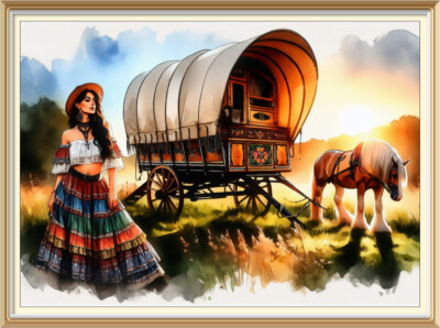 Landscape Print Romany Tinker Gypsy Woman Bow Top Caravan Wagon Shire ...