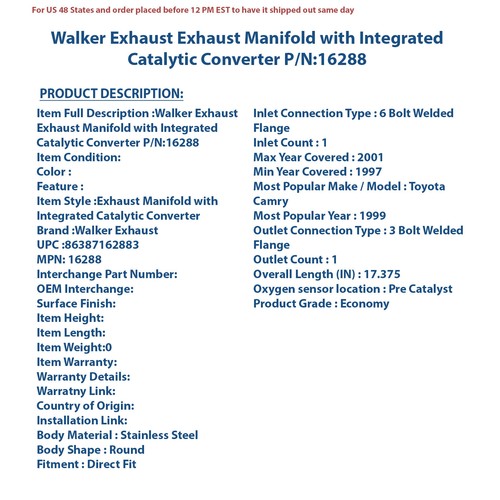 Walker Exhaust Exhaust Manifold with Integrated Catalytic Converter P/N ...