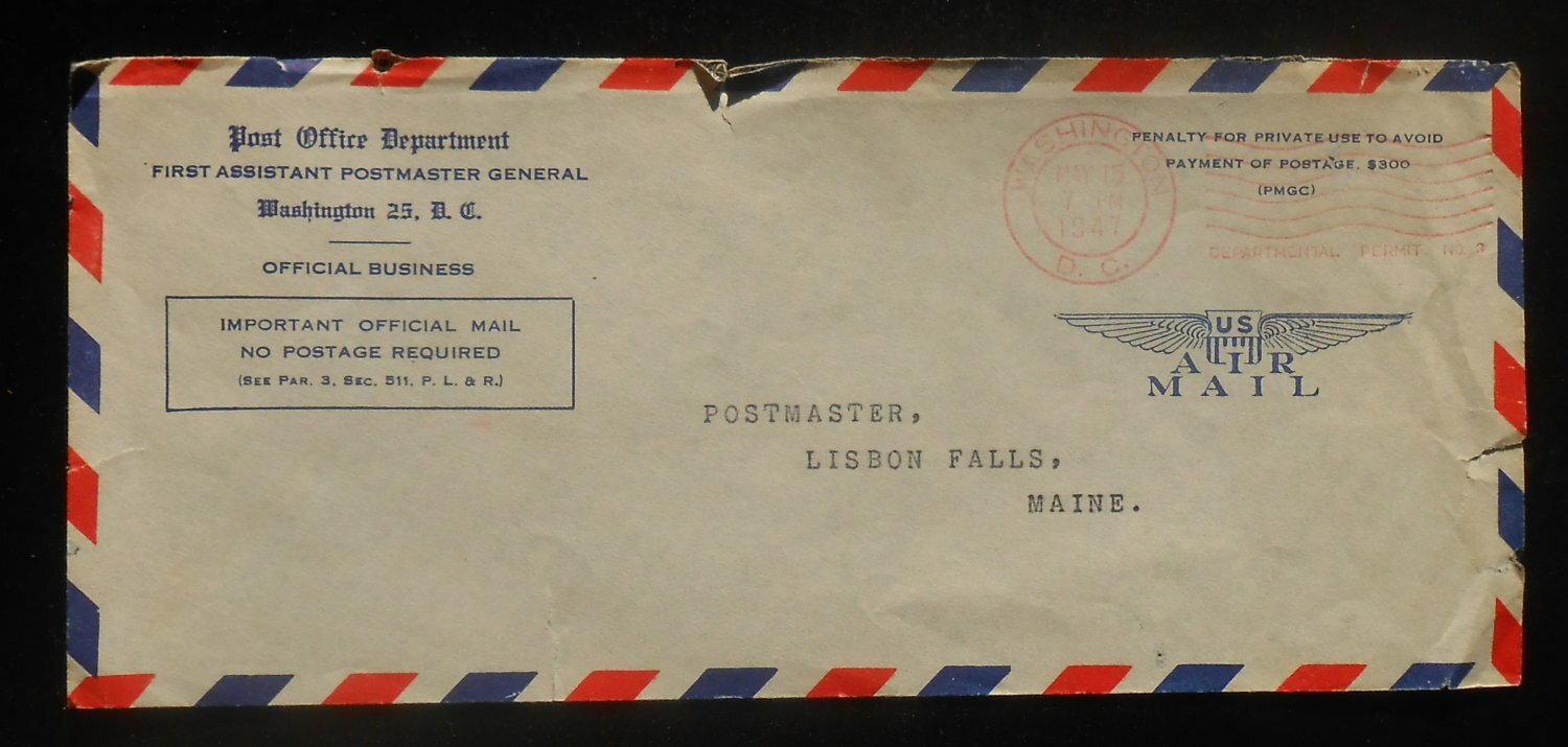 1947 POSTAL HISTORY First Assistant Postmaster General Post Office ...