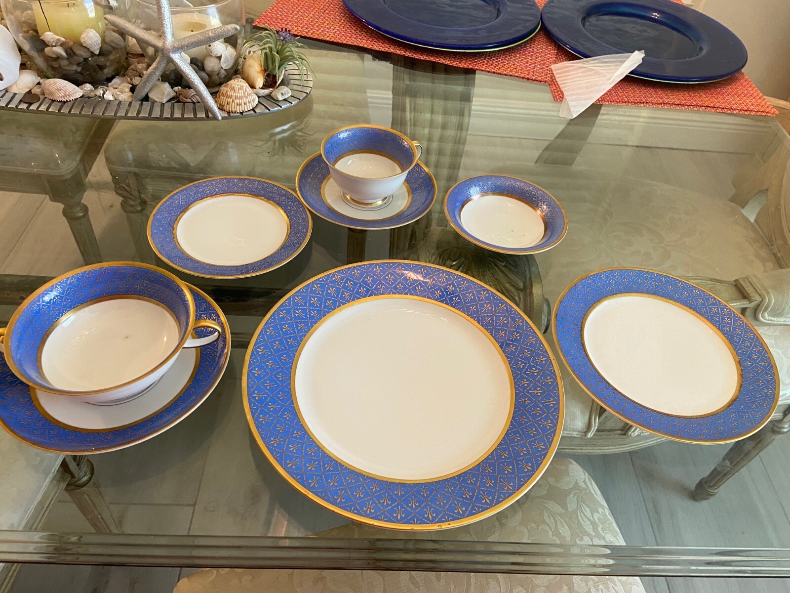 RAREST Rosenthal Selb-Plossberg Aida Fleur De Lis Aqua Blue Gold 8 PCS ...