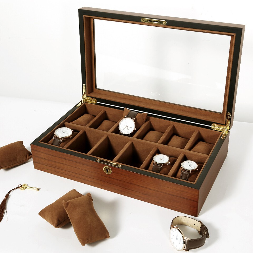 12 Slot Unisex Watch Box Jewelry Storage Wooden Display Case Organizer ...