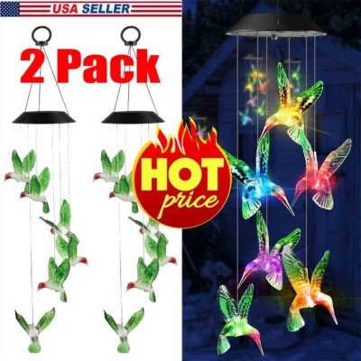 2pcs Color Changing LED Solar Hanging Hummingbird Mobile Wind Chime ...