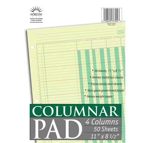 Norcom Columnar Ledger Pad 4 Columns 8.5" x 11" Letter Size (50 Sheets ...