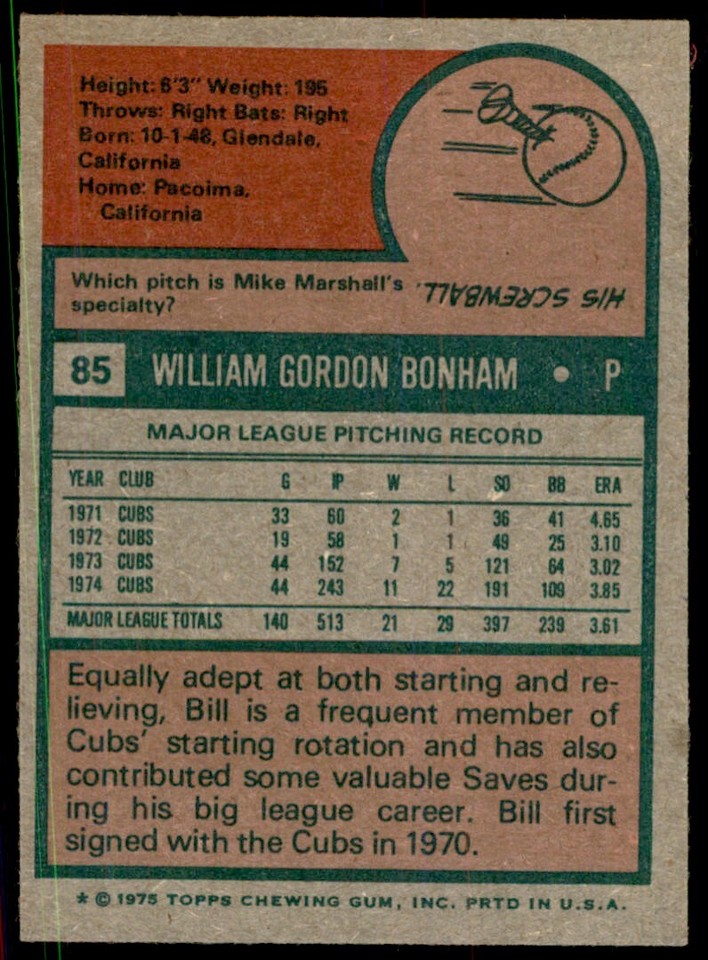 1975 TOPPS BILL BONHAM CHICAGO CUBS #85 | eBay