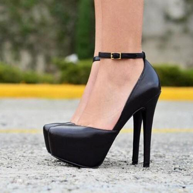 Women Pumps Platform Round Toe High Heels Ankle Strap Shoes Woman Plus ...