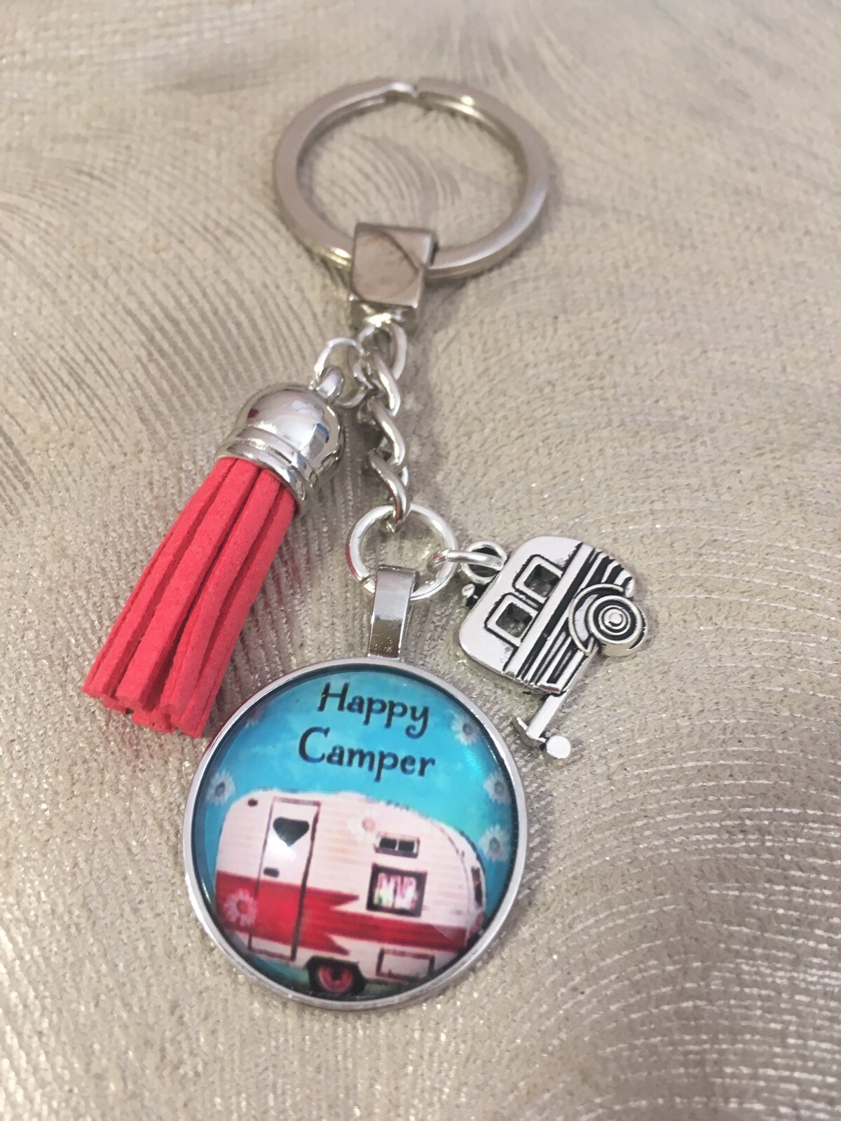 Retro Red/White Caravan Cabochon Happy Camper Key Ring with Tassel ...